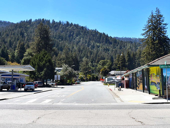 Main Street magic at sunset &ndash; Joe's Bar beckons with its vintage sign while Scarborough Faire adds a splash of yellow to this redwood-framed slice of Americana.