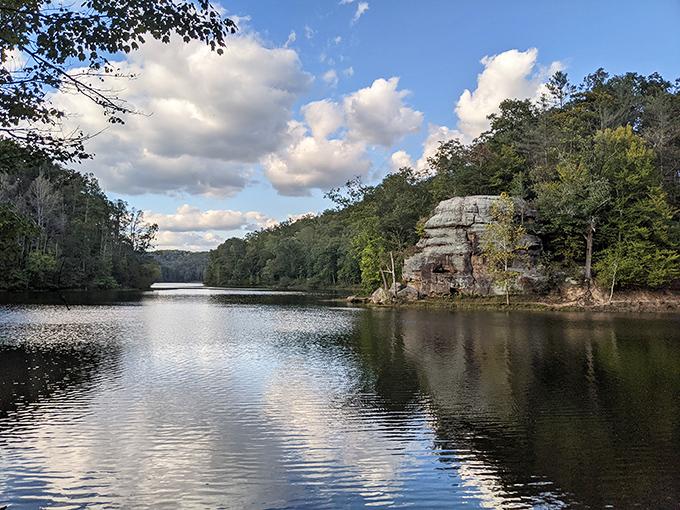 Lake Vesuvius mirrors the surrounding hills like nature's own Instagram filter. The stillness here speaks volumes about Ohio's hidden tranquility.