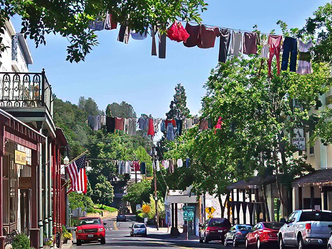 Main Street charm with laundry strung across like festive bunting. Small-town America doesn't get more picture-perfect than this.