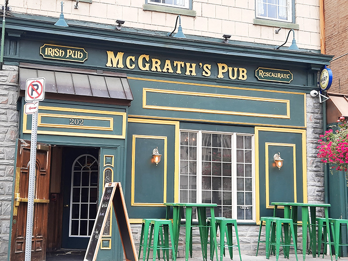 The emerald facade of McGrath's Pub stands proudly on Locust Street, its gold trim and vintage lanterns promising authentic Irish hospitality within these Pennsylvania walls.