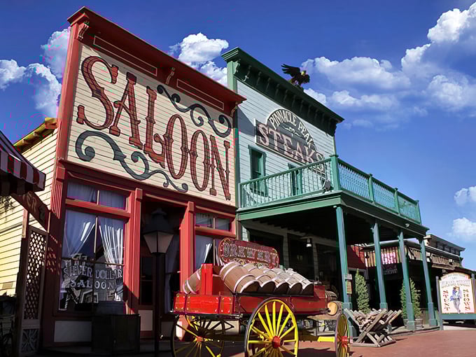 Step into the Old West at Pinnacle Peak, where the vibrant saloon-style facade promises adventures in flavor before you even reach the door.