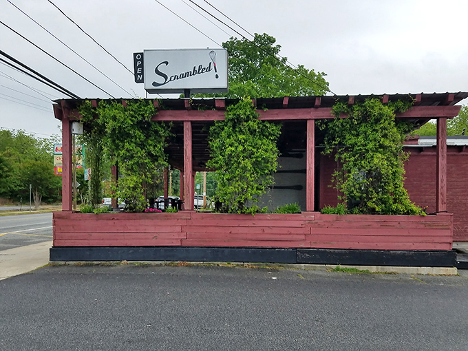 The unassuming exterior of Scrambled, where vines creep up the pergola like nature's own welcome committee, promising delicious secrets inside.