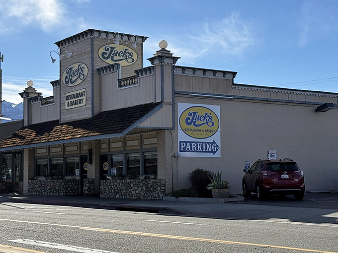 Jack's iconic facade stands like a beacon for hungry travelers on Highway 395, promising comfort food salvation in the Eastern Sierra.