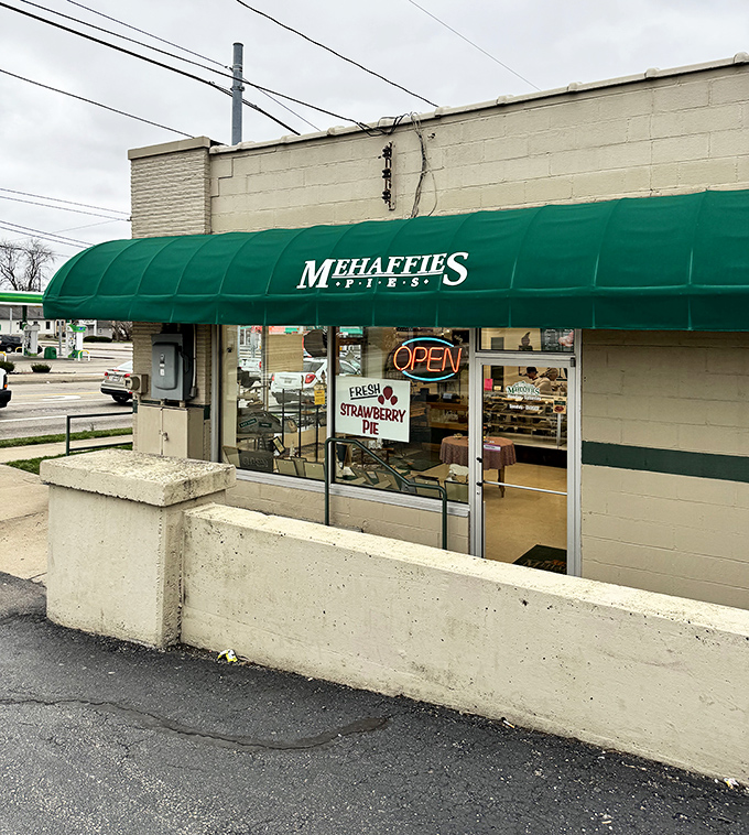 The emerald green awning of Mehaffie's Pies stands like a beacon of hope for dessert lovers. Simple exterior, extraordinary treasures within.
