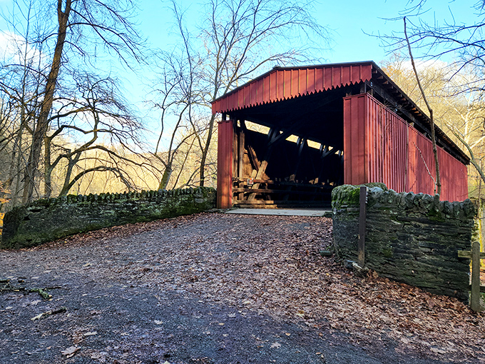 Nature's perfect frame: The historic Thomas Mill Covered Bridge stands proudly against autumn's canvas, its crimson exterior popping against fallen leaves and weathered stone.
