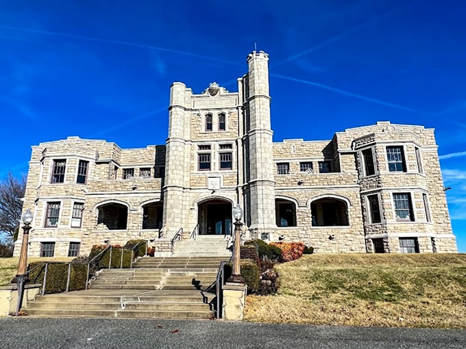 The imposing limestone facade of Pythian Castle stands proudly against the Missouri sky, a European architectural time-traveler in Springfield's heartland.