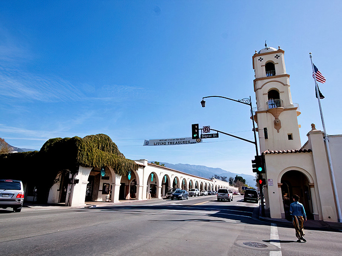 Ojai's iconic bell tower stands sentinel over the Spanish-style arcade, where time seems to slow down the moment you arrive.