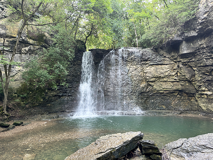 Nature's perfect curtain call! The 35-foot cascade of Hayden Falls creates a mesmerizing display as it tumbles over ancient limestone ledges formed millions of years ago.