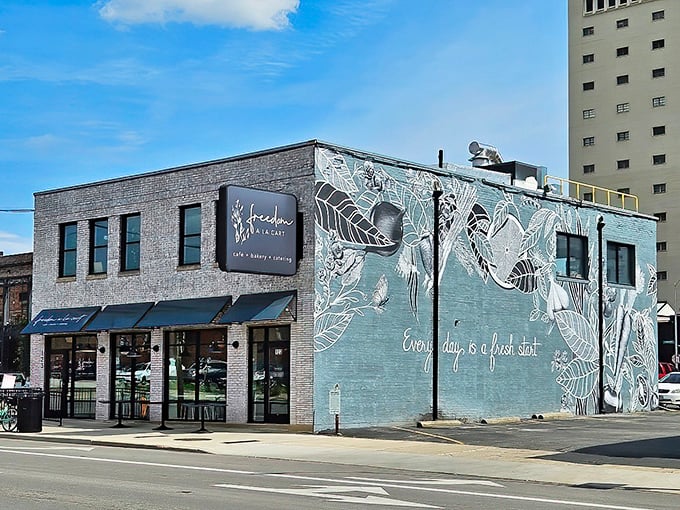 The blue-gray brick building with its striking botanical mural isn't just eye-catching&mdash;it's a beacon of hope and really good avocado toast in downtown Columbus.