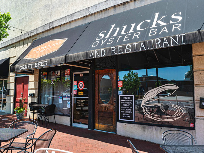 The unassuming corner entrance to Shucks Oyster Bar proves that great seafood doesn't need flashy signage&mdash;just a steady stream of satisfied customers.