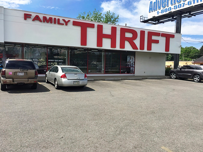 The red lettering beckons like a lighthouse for bargain hunters&mdash;Family Thrift's storefront promises treasures waiting to be discovered inside.