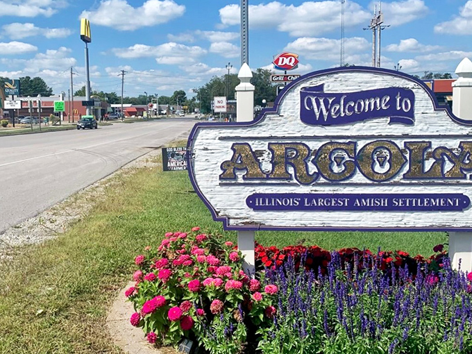 The welcome sign says it all &ndash; Arcola proudly embraces its Amish heritage while McDonald's and DQ stand nearby, a perfect metaphor for this charmingly contradictory town.