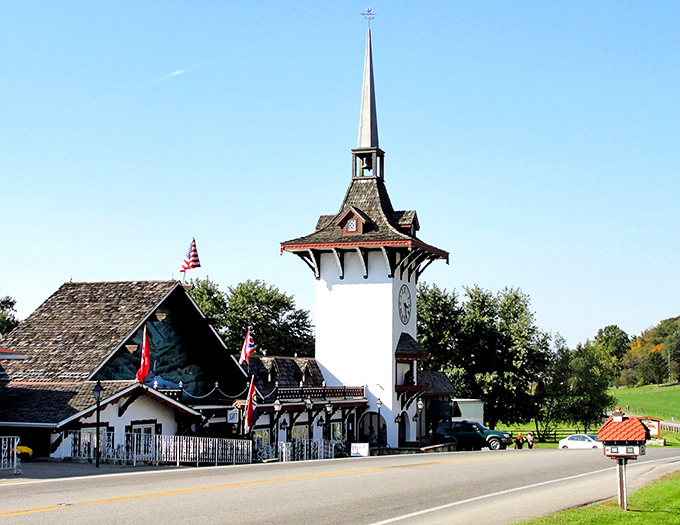 The Swiss-inspired architecture stands out like a European postcard in Ohio's countryside. Who needs a passport when you've got a tank of gas?