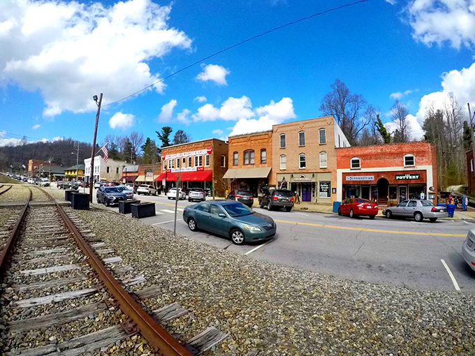 Main Street Saluda, where time slows down and the railroad tracks remind you this town has stories to tell. History and charm in perfect harmony.