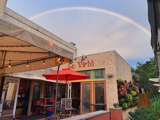 The understated exterior of Le Virtù belies the culinary treasures within. Those rustic stone walls and simple signage whisper rather than shout about the authentic Abruzzese experience awaiting you.