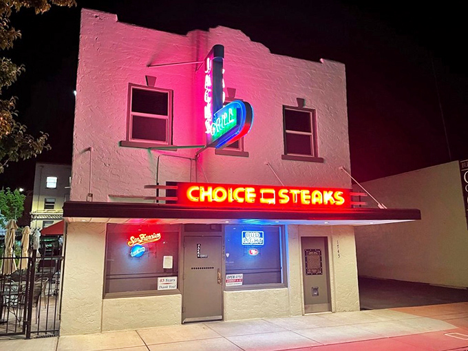 The iconic blue neon sign of Jack's Grill stands as a beacon of culinary tradition in Redding, promising carnivorous delights that have satisfied generations of Californians.