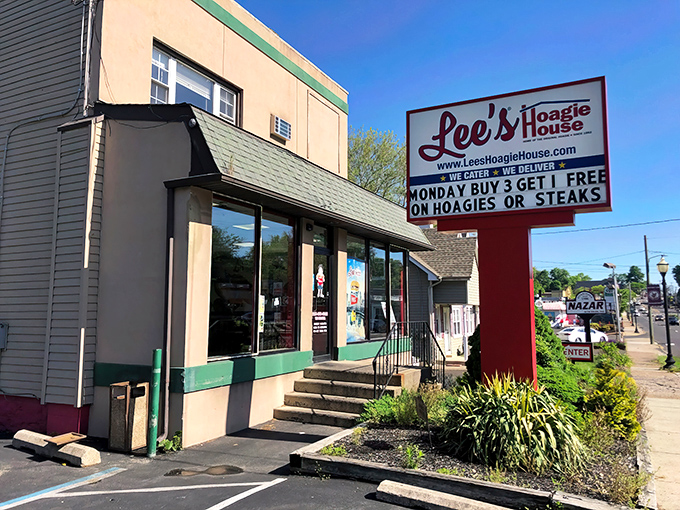 The unassuming exterior of Lee's Hoagie House stands like a sandwich sanctuary on Old York Road, promising hoagie heaven to those in the know.