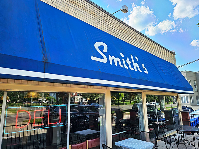 That bright blue awning beckons like a lighthouse for sandwich seekers navigating Columbus's culinary waters.
