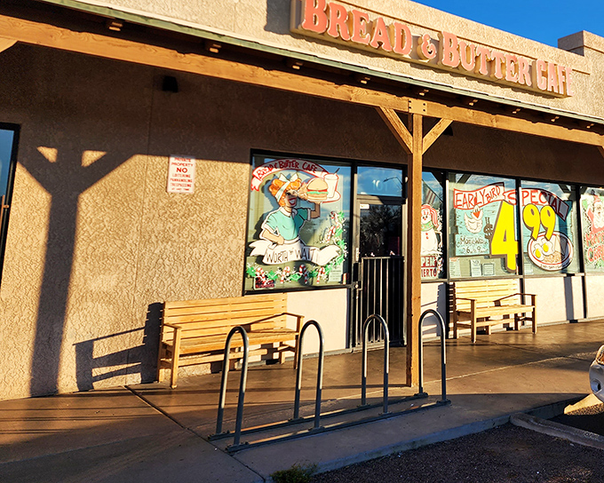 The unassuming storefront that houses culinary magic. That $4.99 Early Bird Special sign isn't just decoration&mdash;it's the bat signal for breakfast enthusiasts across Tucson.