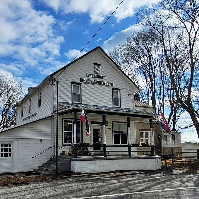 The white clapboard exterior of Crossroads General Store stands like a time capsule against the Maryland sky. Rural charm doesn't get more authentic than this. 