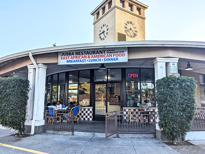 Jubba's distinctive clock tower exterior stands like a culinary lighthouse, beckoning hungry travelers to discover the Somali treasures waiting inside.
