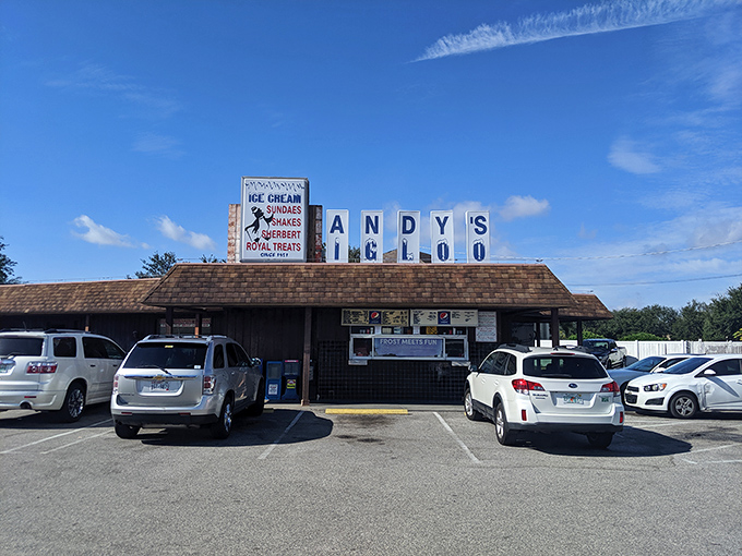 The iconic Andy's Igloo sign stands proudly against the Florida sky, a beacon of burger bliss that's been drawing hungry travelers for generations.