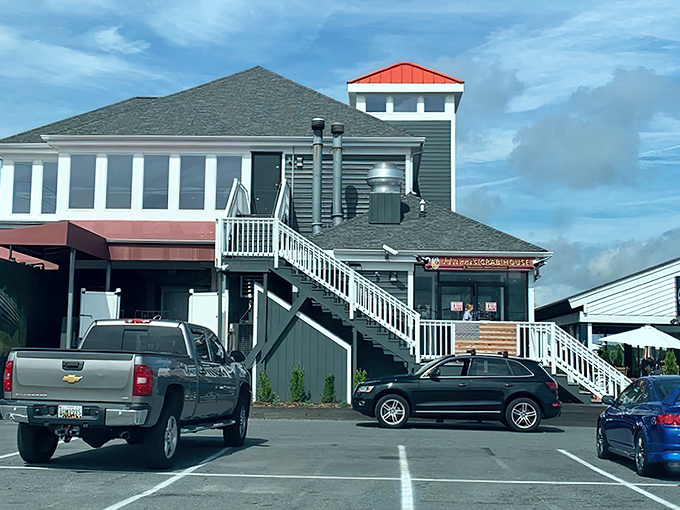 The weathered gray exterior of Harris Crab House stands like a sentry guarding Maryland's seafood secrets. No pretension here&mdash;just the promise of Chesapeake Bay perfection.