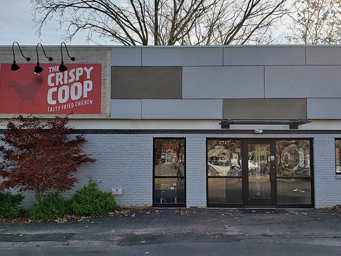 The unassuming exterior of The Crispy Coop stands like Clark Kent before the phone booth&mdash;ordinary outside, superhero chicken within.