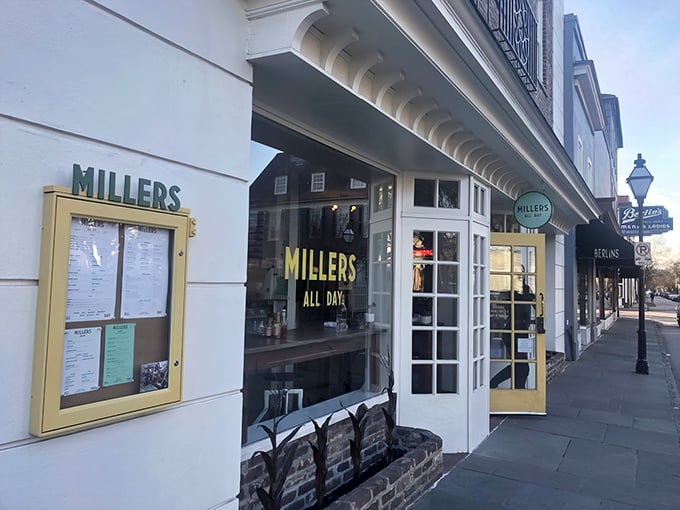 The charming exterior of Millers All Day beckons from King Street like a breakfast siren song, promising delicious possibilities behind those gleaming windows.