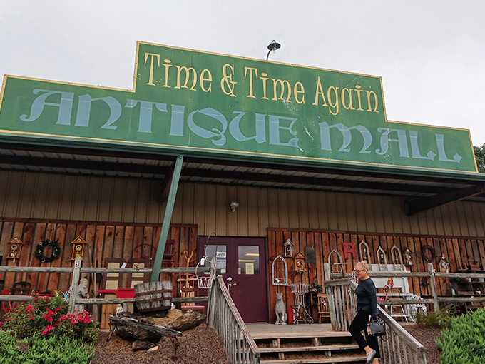 The iconic green sign welcomes treasure hunters to Time And Time Again, where the wooden steps lead to adventures that can't be rushed.
