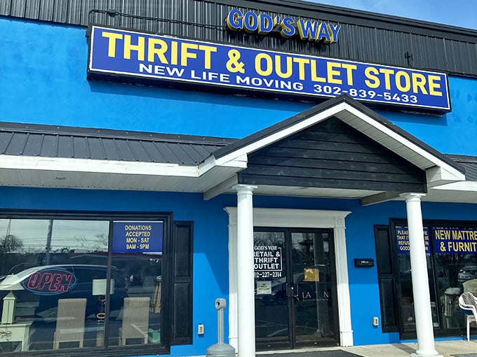 The bright blue exterior of God's Way stands like a beacon of bargain hope on Coastal Highway. Thrift paradise awaits inside!