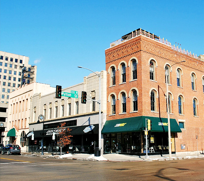 Historic brick buildings line downtown Rockford's streets, where charming storefronts invite exploration and the architecture whispers stories of the city's manufacturing heyday.