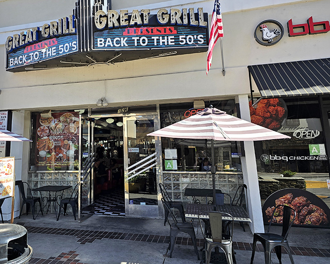 The neon promise of "BACK TO THE 50'S" isn't just signage—it's a time machine disguised as a Burbank storefront, beckoning hungry time travelers.