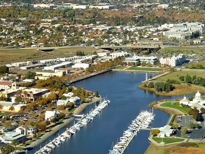 From this bird's-eye view, Suisun City looks like someone designed the perfect small town waterfront for a movie set&mdash;except it's gloriously real. 