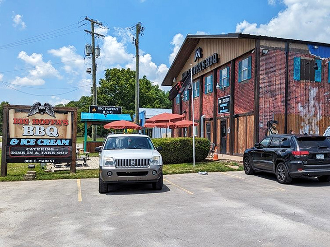 The brick-and-wood exterior of Big Hoffa's looks like what would happen if a pirate ship and a BBQ joint had a delicious baby.