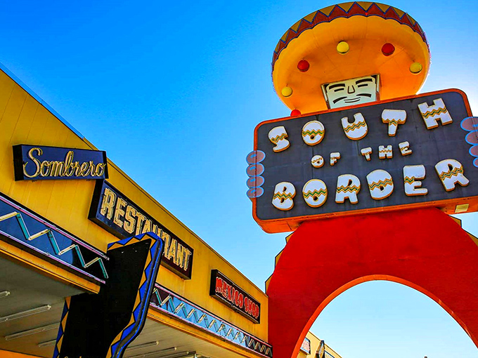 The legendary South of the Border sign welcomes weary travelers with promises of tacos, trinkets, and technicolor dreams.