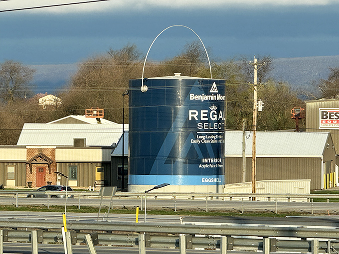 The ultimate roadside eye-catcher: Benjamin Moore's giant paint can towers majestically alongside I-81, making ordinary billboards seem like postage stamps by comparison.