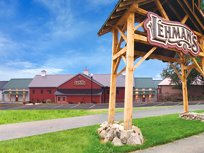 The iconic red barn exterior of Lehman's stands proudly against an Ohio sky, promising treasures of simpler times within its walls.