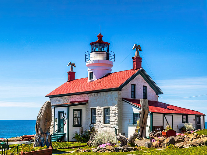 The quintessential lighthouse fantasy come to life&mdash;white walls, red roof, and that perfect perch above the Pacific. New England charm with a California address.