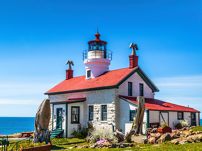 The quintessential lighthouse fantasy come to life&mdash;white walls, red roof, and that perfect perch above the Pacific. New England charm with a California address.