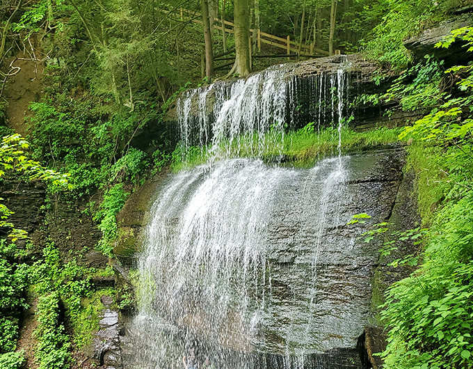 Nature's own masterpiece in motion. Buttermilk Falls cascades down 45 feet of ancient rock face, creating that signature white froth that inspired its name.