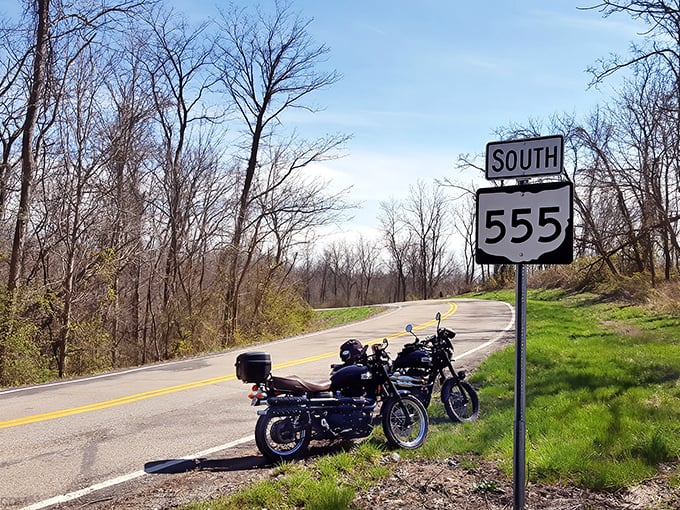 The iconic South 555 sign welcomes riders to Ohio's ultimate motorcycle playground. Two wheels and endless curves&mdash;what more could you ask for?