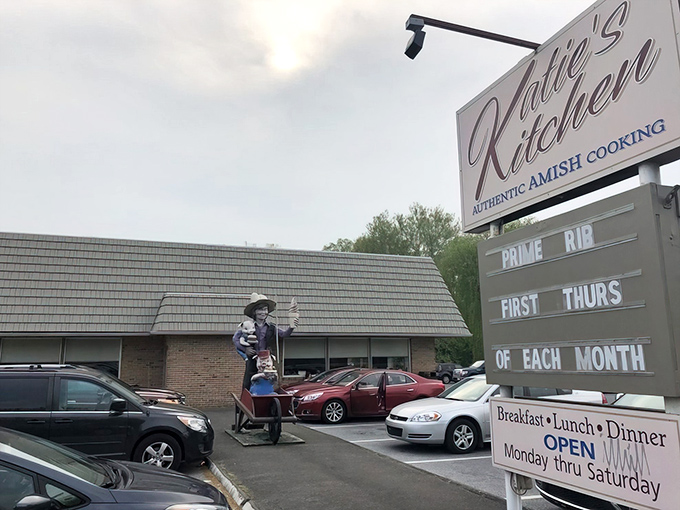 The unassuming exterior of Katie's Kitchen promises authentic Amish cooking and delivers with a monthly prime rib special that locals mark on their calendars.
