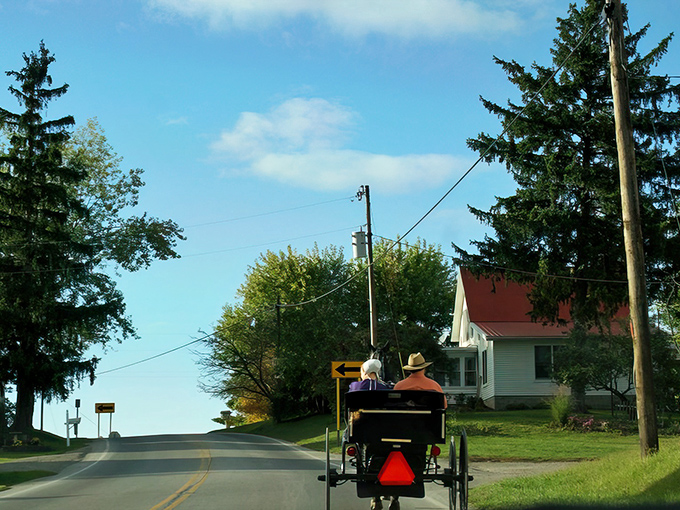 Where time slows down by design. A horse-drawn buggy makes its way along Charm's country roads, reminding us that some commutes are meant to be savored, not rushed.