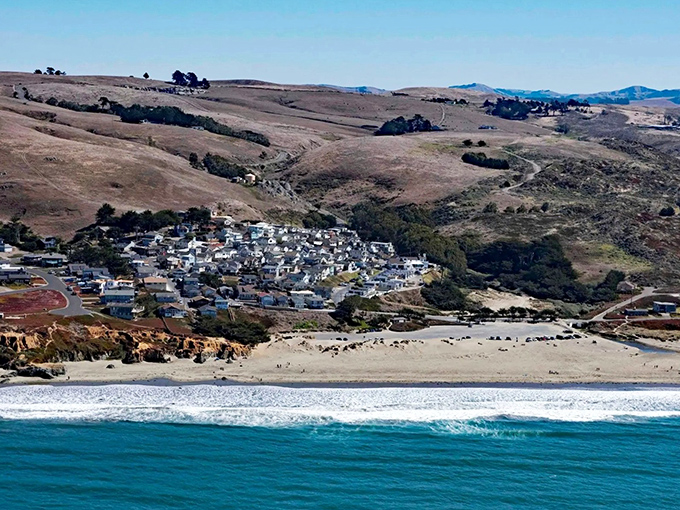 Aerial dreams come true! Dillon Beach nestles between golden hills and the vast Pacific, like California's version of a perfect sandwich.