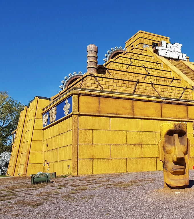 The ancient world meets the Midwest at The Lost Temple, where this impressive Aztec-inspired pyramid stands defiantly against Wisconsin skies.