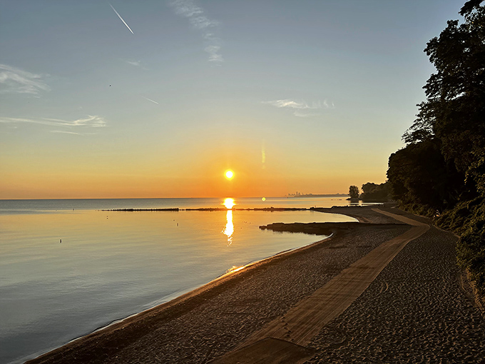 Nature's perfect frame: lush greenery embraces the sandy shoreline, creating a peaceful retreat where Lake Erie whispers to visitors year-round.