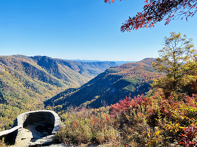 Mother Nature showing off her best work at Wiseman's View, where the Linville Gorge unfolds like a living topographical map beneath endless blue skies.