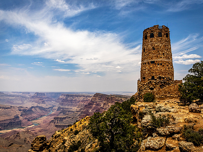 The Desert View Watchtower stands sentinel at the canyon's edge, where ancient architecture meets nature's grandest sculpture studio.