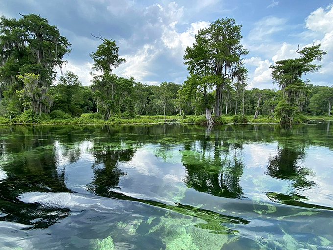 Nature's perfect postcard: crystal-clear waters meet Spanish moss-draped cypress trees at Wakulla Springs, where swimming platforms invite you to dive into Florida's liquid magic.